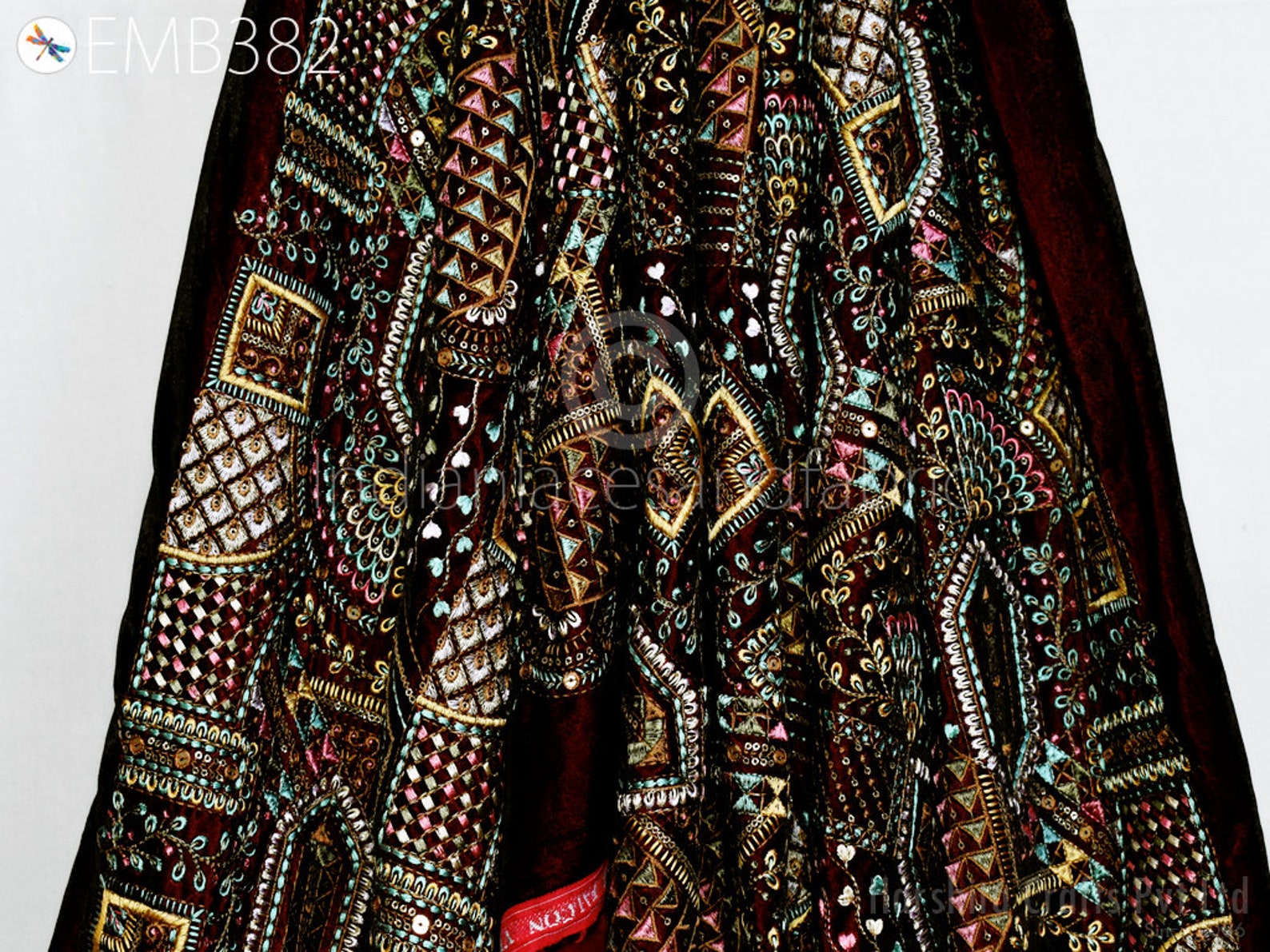 Buy Maroon Indian Embroidered Velvet Fabric by the Yard Sewing DIY ...