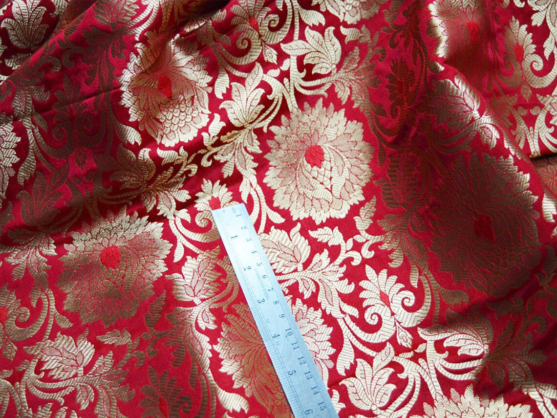 Red Gold Banarasi Brocade By The Yard Fabric Banarasi Weaving Etsy