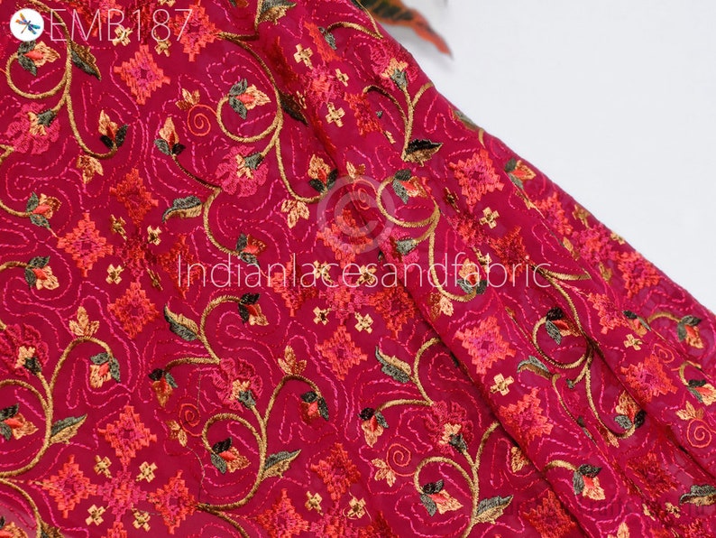 Red Indian Embroidered Fabric by the Yard Georgette Embroidery - Etsy