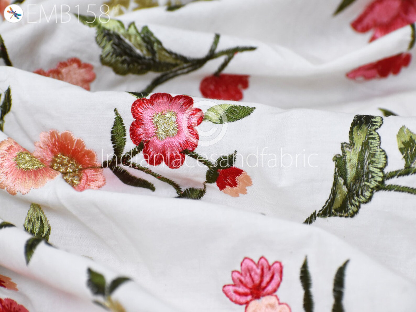 Floral Embroidered Cotton Fabric by the Yard Indian Embroidery - Etsy