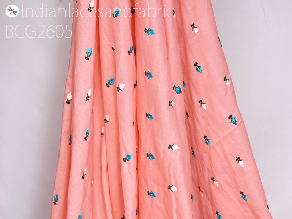 Indian Salmon Embroidered Cotton Fabric by the Yard Embroidery | Etsy