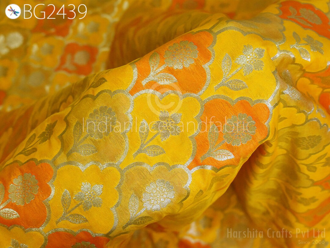 Yellow Brocade Fabric by the Yard Wedding Dress Jackets Indian Blended ...