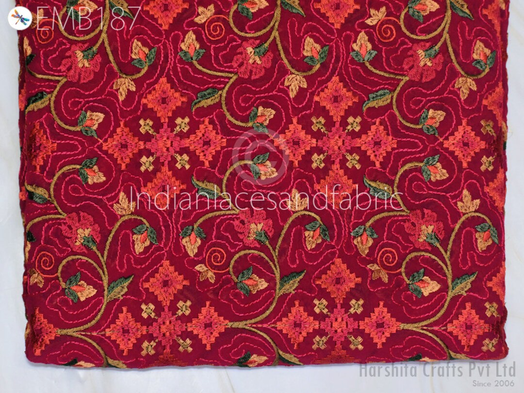 Red Indian Embroidered Fabric by the Yard Georgette Embroidery - Etsy