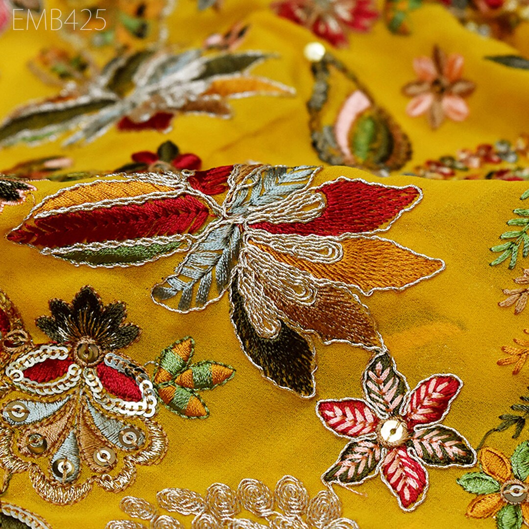 Buy Yellow Embroidered Georgette Fabric by Yard Indian Embroidery ...