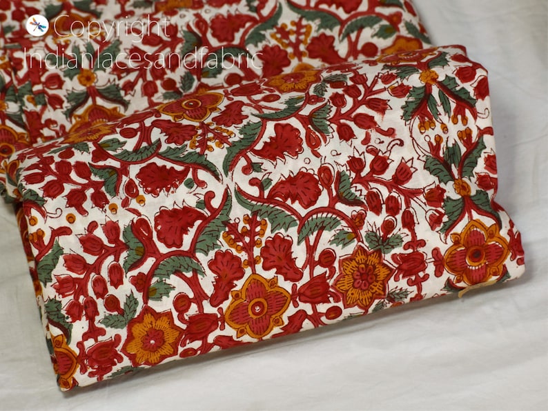 Red Floral Indian Hand Block Printed Cotton Fabric by the Yard - Etsy