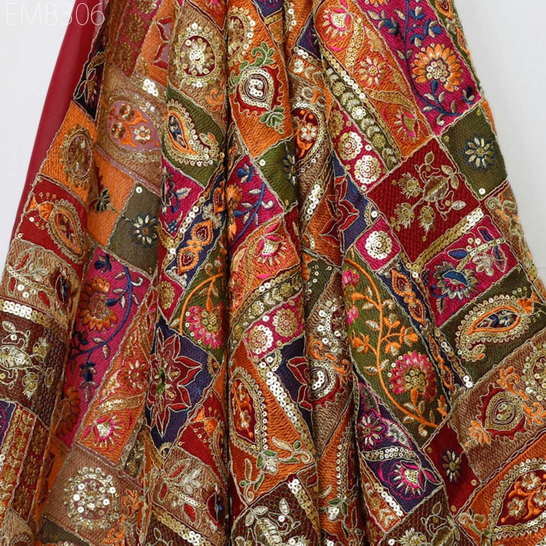 54" Maroon Indian Embroidered Fabric by the Yard Georgette Embroidery ...