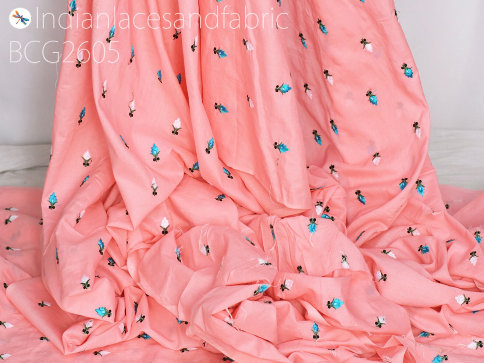 Indian Salmon Embroidered Cotton Fabric by the Yard Embroidery - Etsy India
