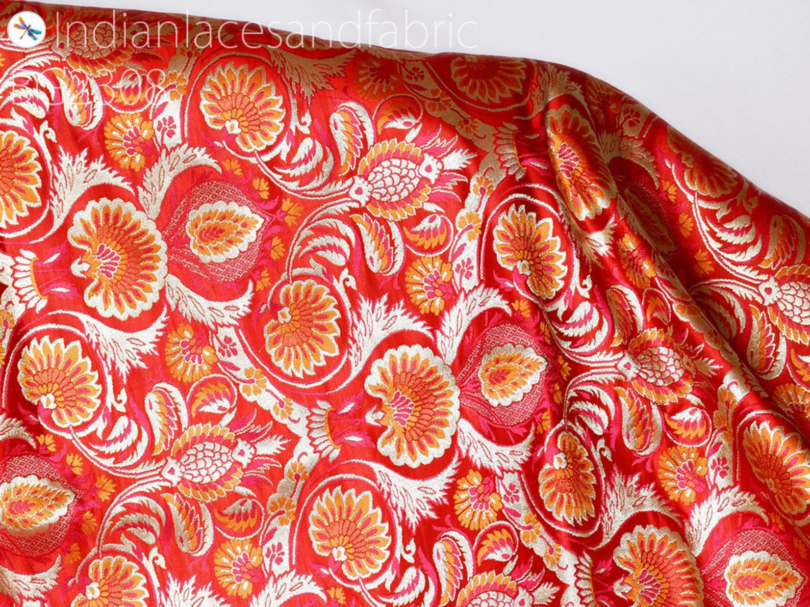 Indian Red Brocade Fabric by the Yard Banarasi Dress Material - Etsy India