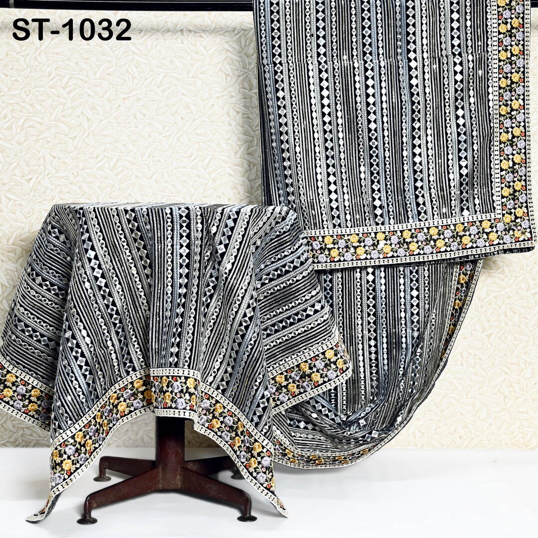 Black Indian Designer Dupatta With Mirror Work Embroidered Georgette ...