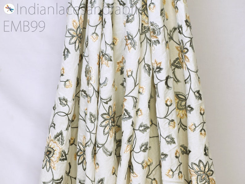 Grey Embroidered Fabric Indian Embroidery Cotton Fabric by the | Etsy