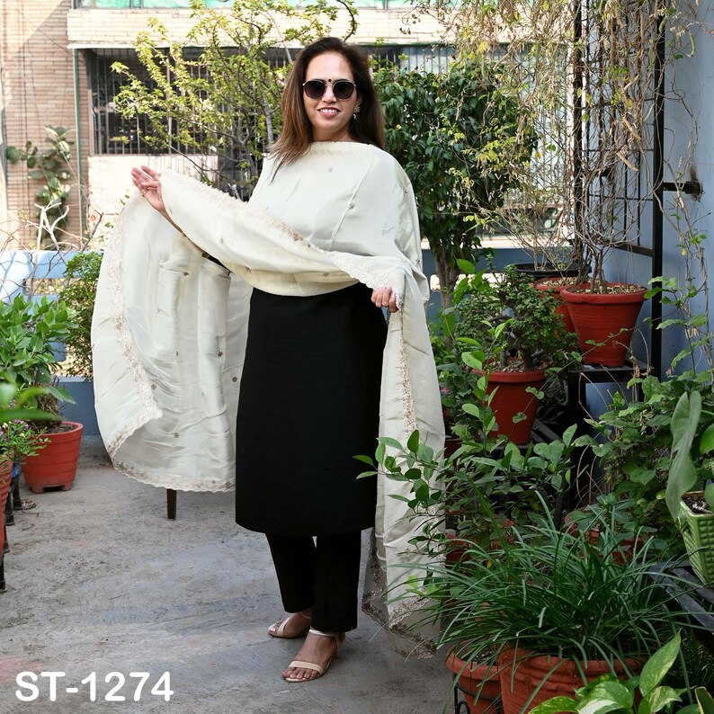 Tissue Organza Stole With Scalloped Border Gold | Zari Embroidered ...