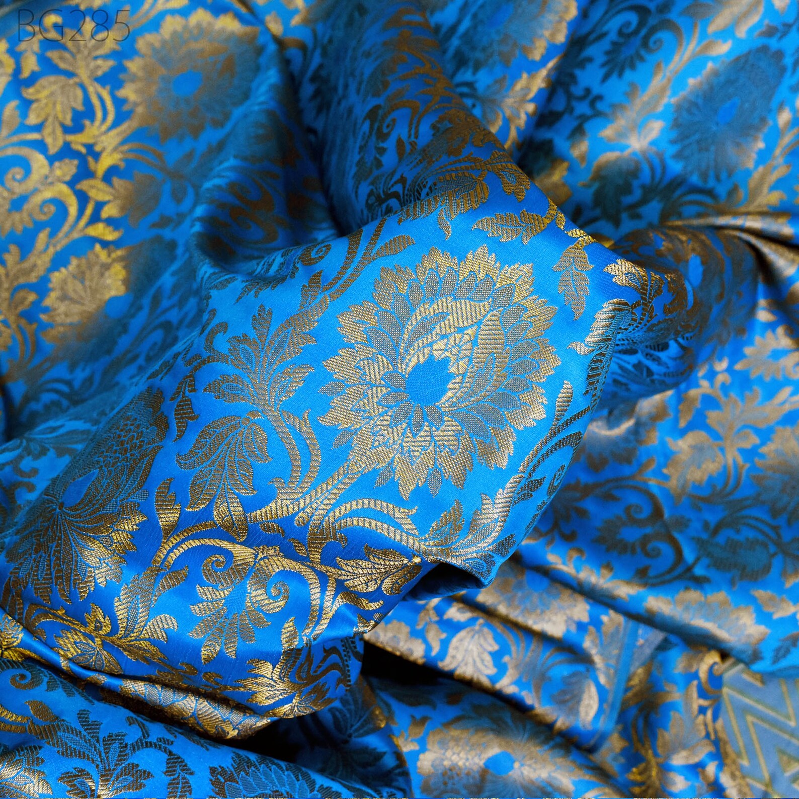 Turquoise Gold Weaving Banaras Brocade by the Yard Fabric Wedding Dress ...