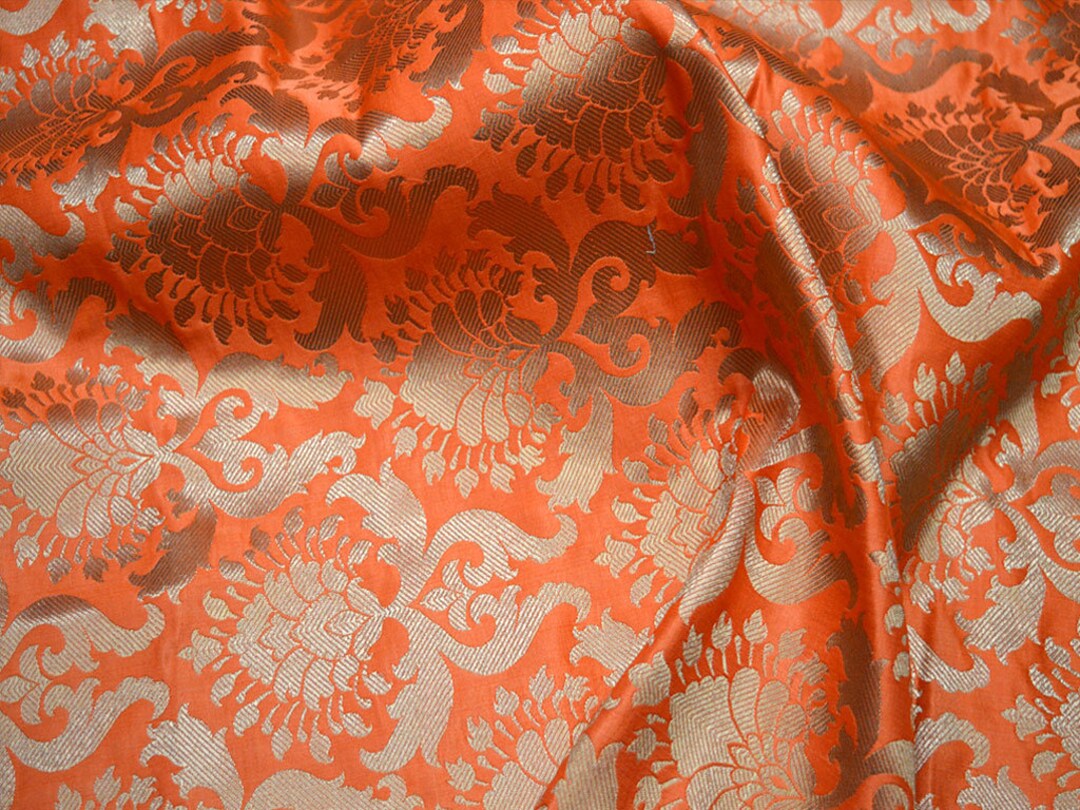 Buy Peachy Orange Brocade Fabric Sold by Yard for Wedding Bridal Online ...