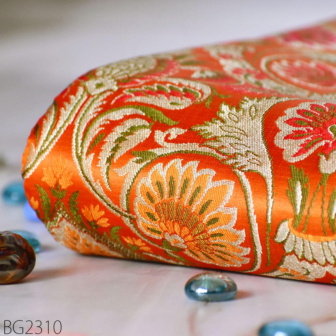 Orange Brocade Fabric by the Yard Banarasi Indian Bridal Wedding ...