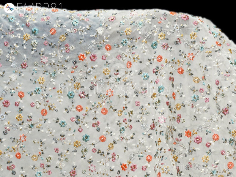 Cream Indian Embroidered Fabric by the Yard Georgette - Etsy