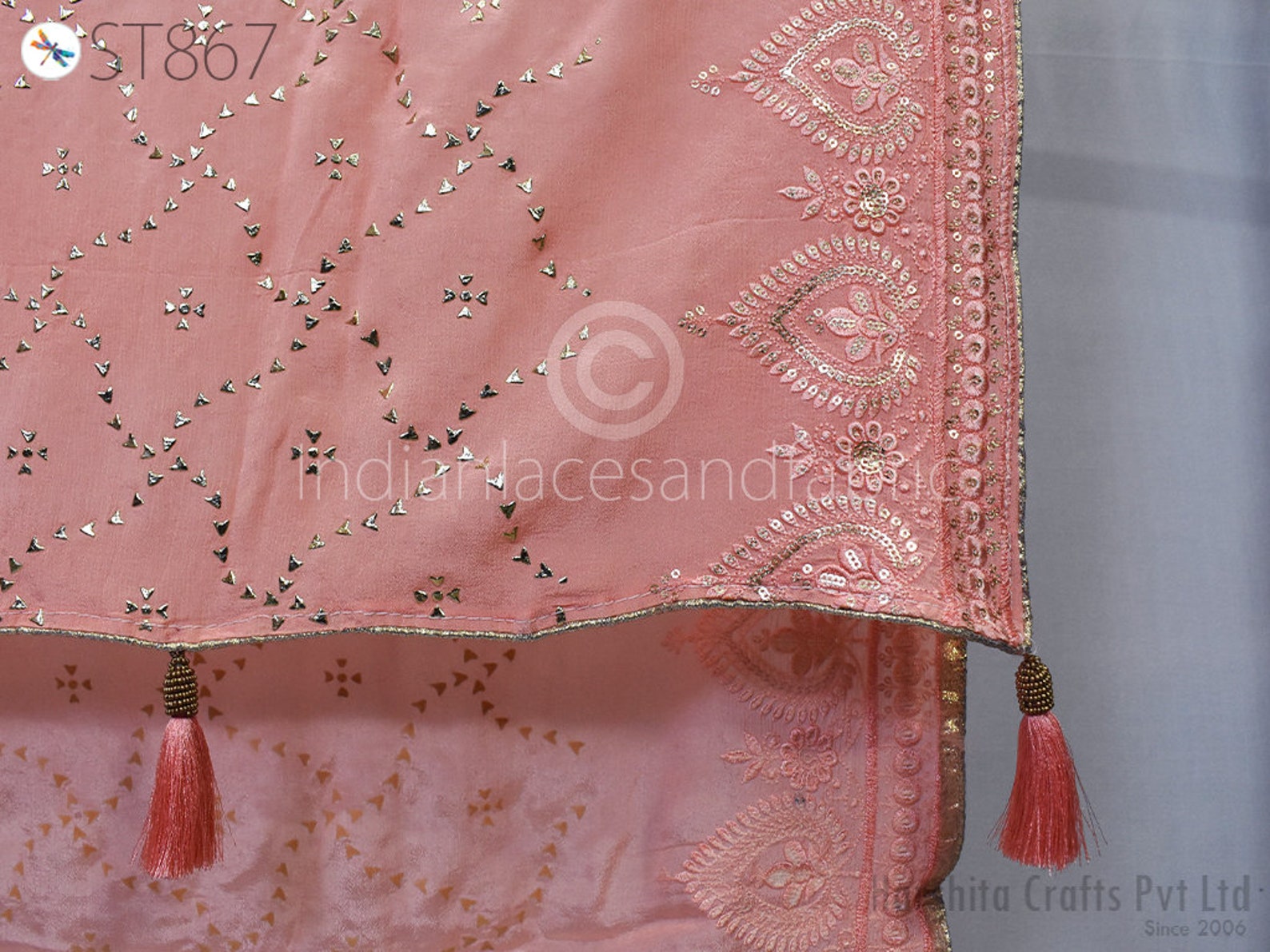 Peach Indian Wedding Dupatta Chinnon Long Embroidered Dupatta Chuni ...