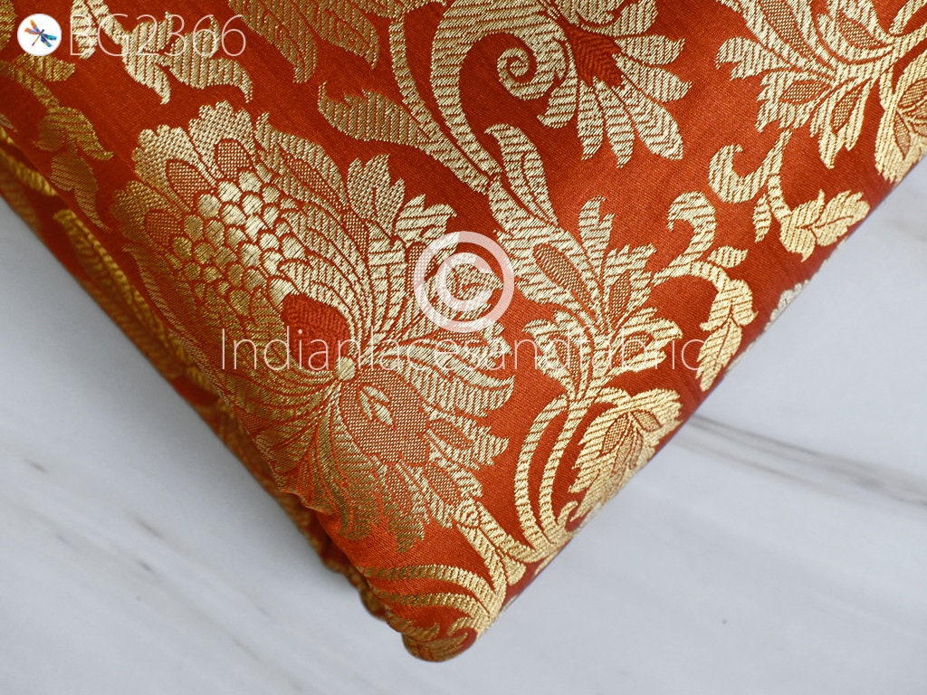 Burnt Orange Brocade by the Yard Fabric Banarasi Blended Silk Wedding ...