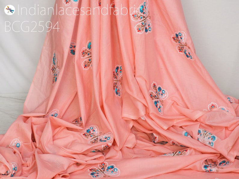 Salmon Indian Embroidered Cotton Fabric by the Yard Embroidery - Etsy