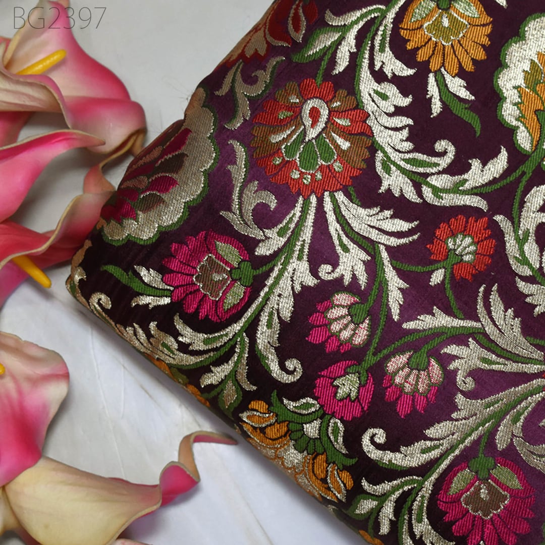 Indian Wine Brocade Fabric by the Yard Banarasi Dress Material Costumes ...