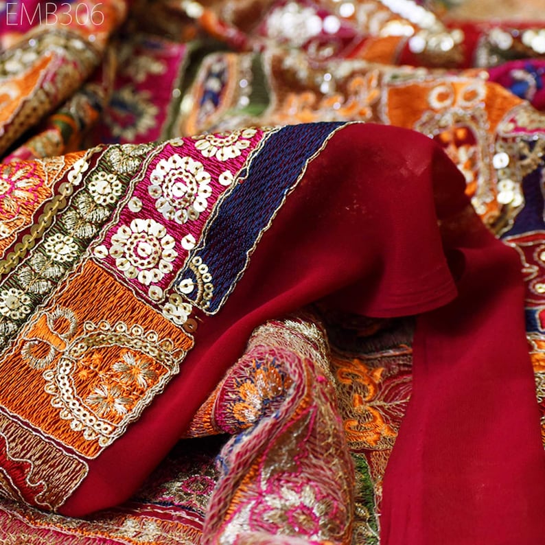 54" Maroon Indian Embroidered Fabric by the Yard Georgette Embroidery ...