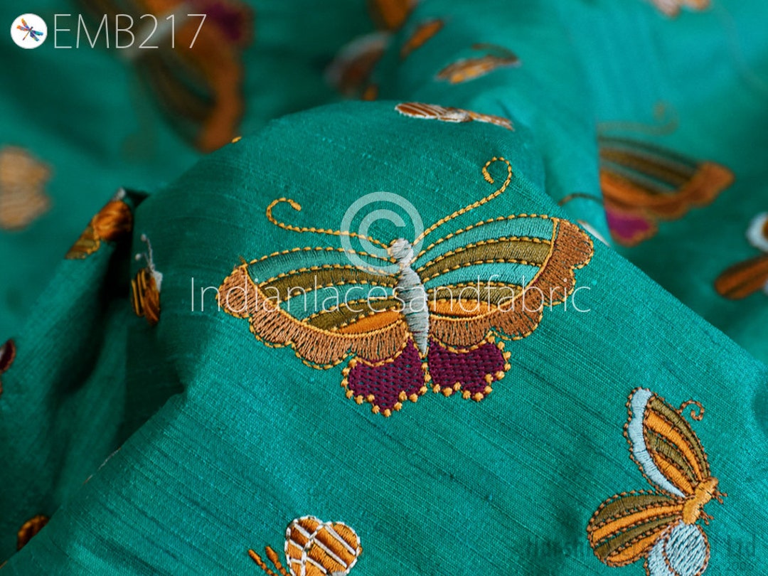 Buy Indian Embroidered Butterflies Dupioni Fabric by the Yard Sewing ...