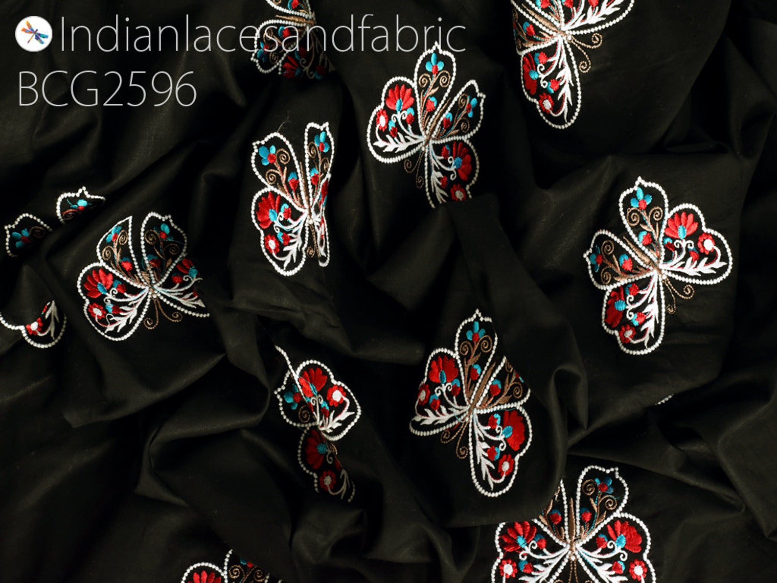 Black Indian Embroidered Cotton Fabric by the Yard Embroidery - Etsy
