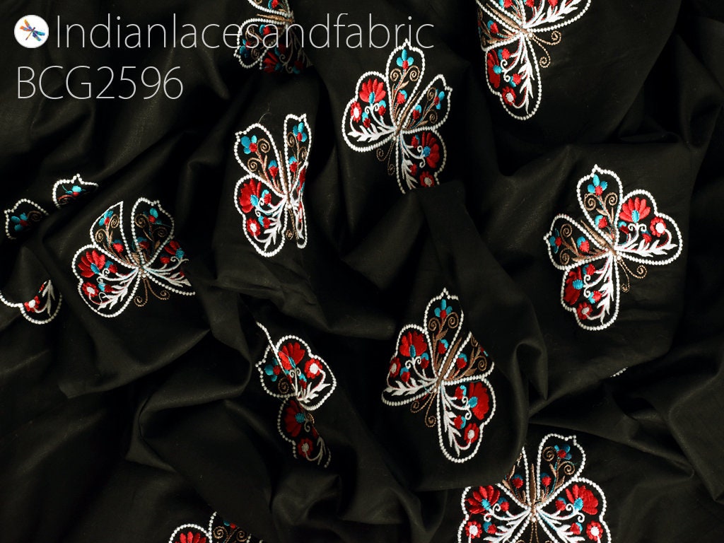 Black Indian Embroidered Cotton Fabric by the Yard Embroidery - Etsy