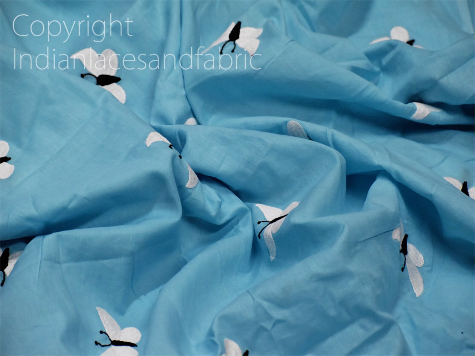 Indian Sky Blue Embroidered Cotton Fabric by the Yard - Etsy