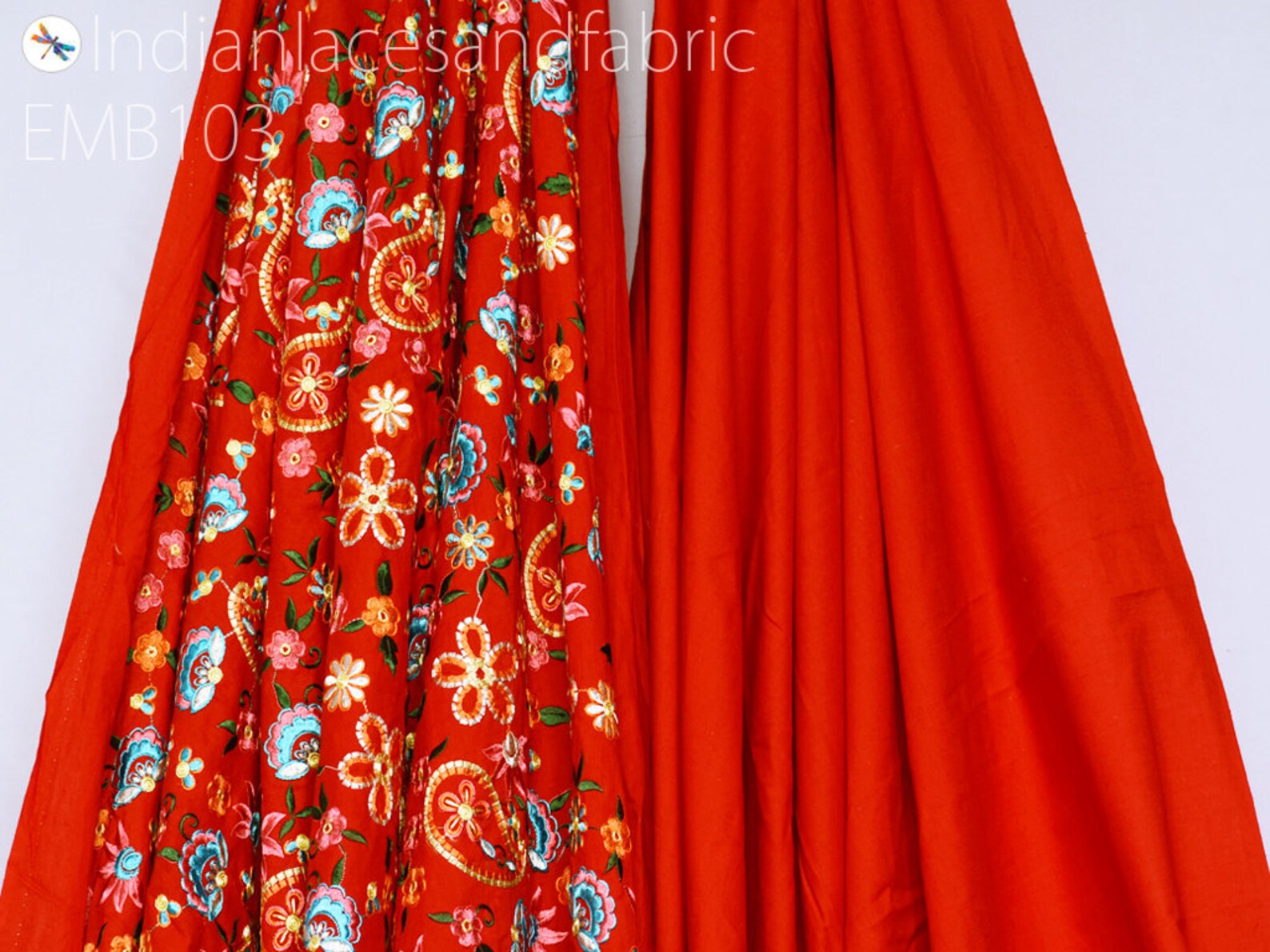 Red Embroidered Cotton Fabric by the Yard Indian Embroidery | Etsy