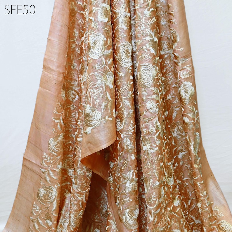 Pure Tussar Silk Embroidered Fabric by the Yard Indian Embroidery Raw ...