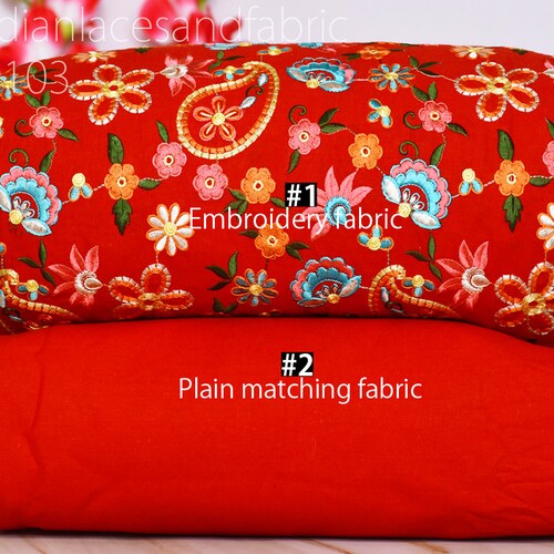 Red Embroidered Cotton Fabric by the Yard Indian Embroidery - Etsy