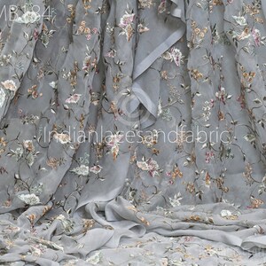Grey Indian Embroidered Fabric by the Yard Georgette - Etsy