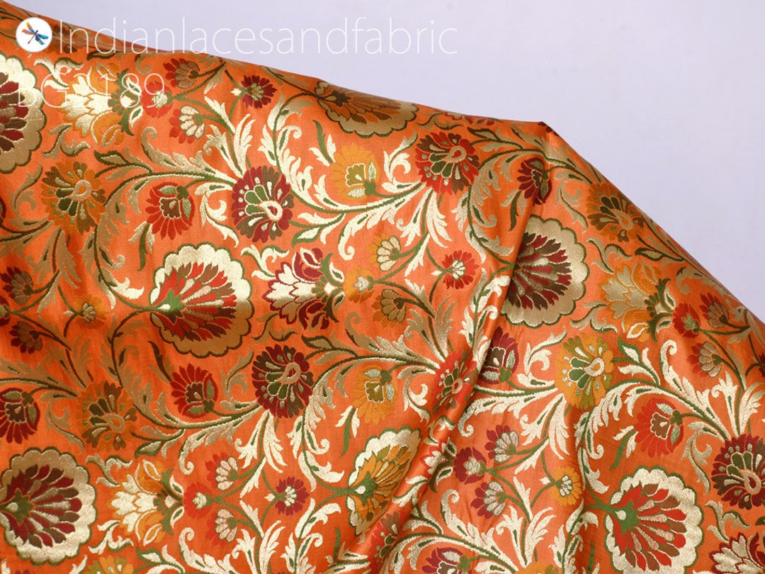 Indian Orange Brocade Fabric by the Yard Banarasi Dress - Etsy