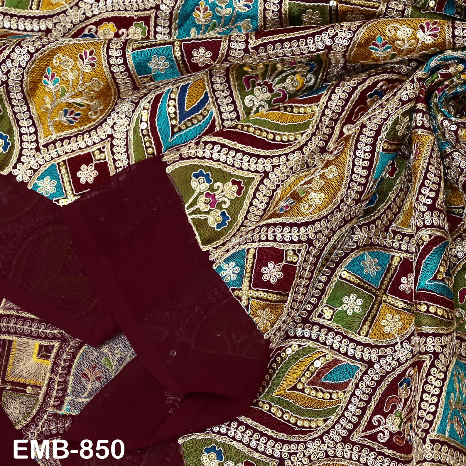 Maroon Indian Embroidery Fabric by the Yard Embroidered Georgette ...