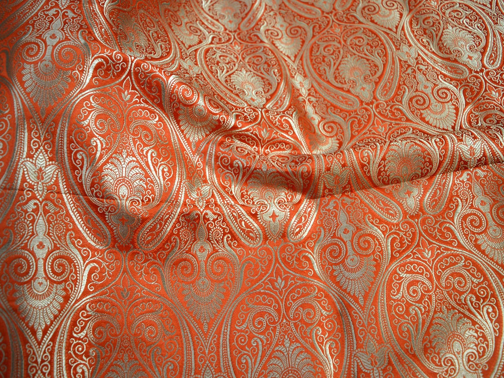 Orange Brocade Fabric by the Yard Banarasi Brocade Fabric | Etsy