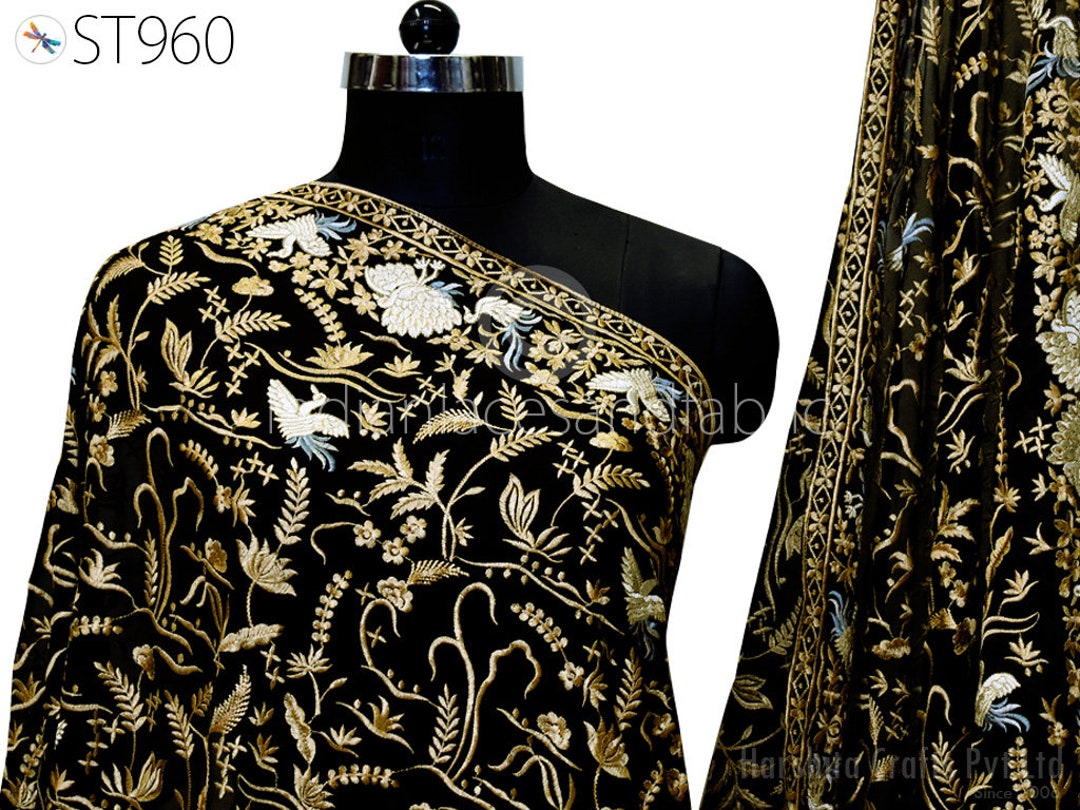 Black Indian Parsi Gara Dupatta Embroidered Dupatta Wedding Georgette ...