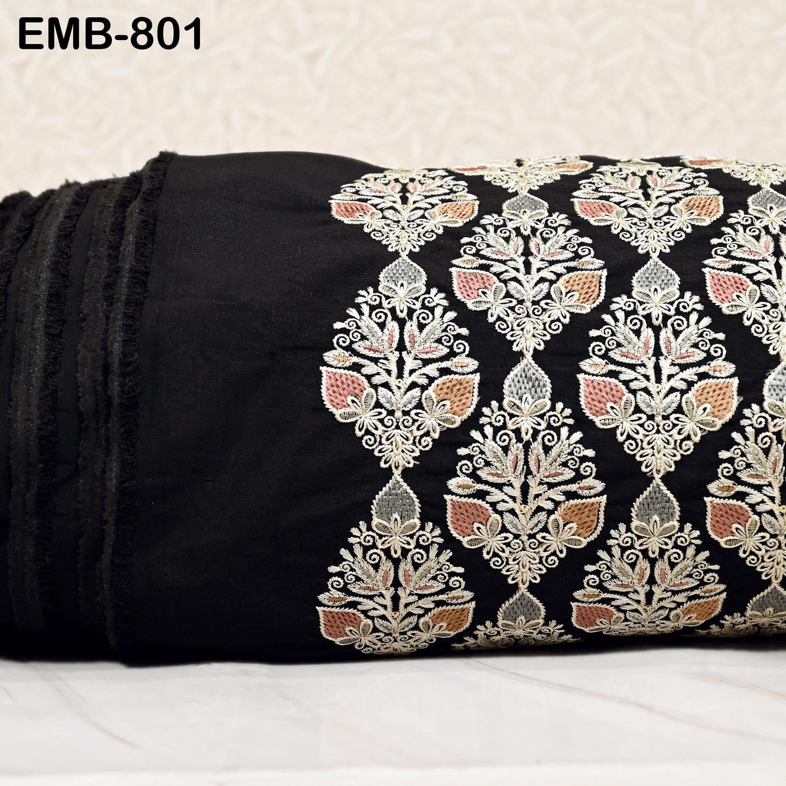 Black Embroidered Fabric by the Yard Sewing DIY Crafting Indian ...