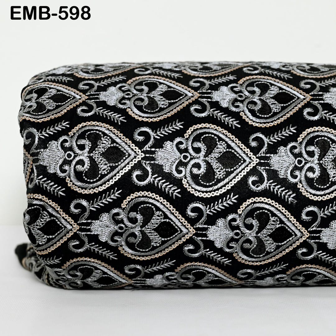 Buy Black Embroidered Fabric by the Yard Sewing Crafting Indian ...