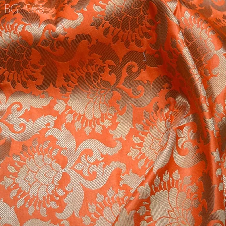 Peachy Orange Brocade Fabric Sold by Yard for Wedding Bridal Dress ...