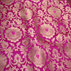 Magenta Gold Brocade by the Yard Banarasi Fabric Banaras Art Blended ...