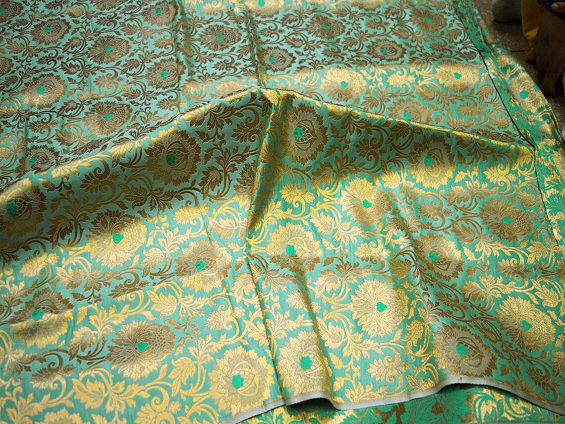 Light Turquoise Brocade by the Yard Fabric Banarasi Blended Silk ...