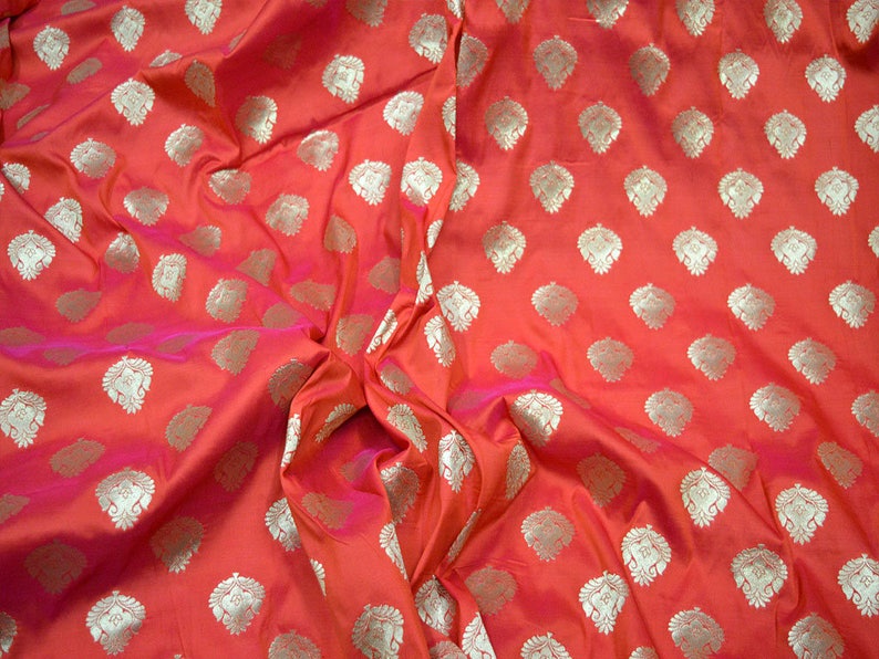 Orange Brocade Fabric by the Yard Indian Fabric Banaras - Etsy