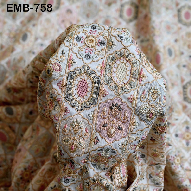 Ivory Embroidered Fabric by the Yard Sewing DIY Crafting Indian ...