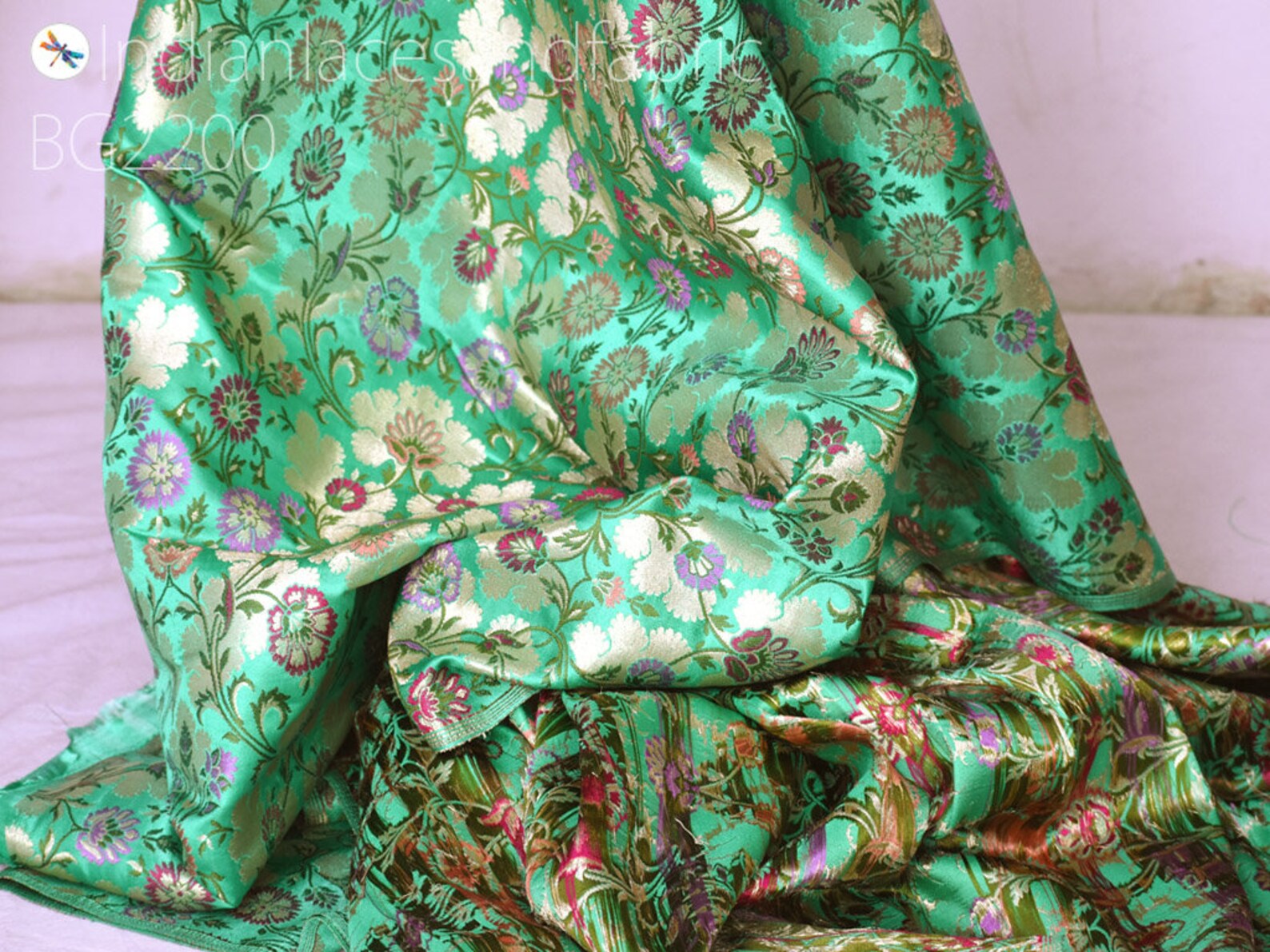 Tela de brocado de seda verde mar por la yarda Banarasi | Etsy