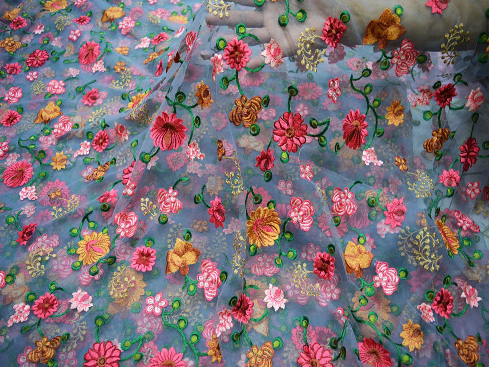 Net Embroidered Fabric Grey Floral Embroidered Fabric by the | Etsy