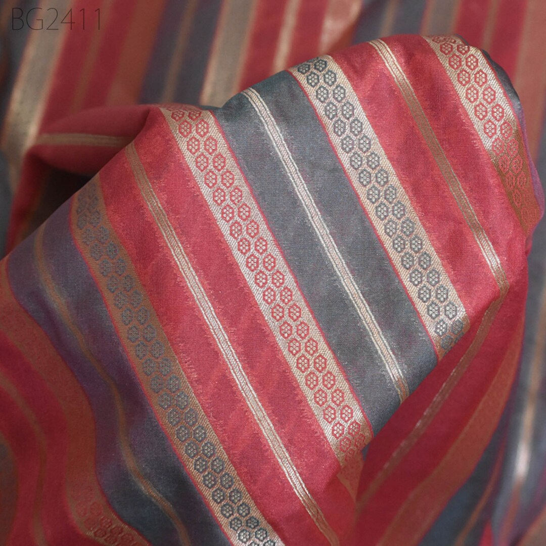 Red Indian Brocade by the Yard Diagonal Stripes Banarasi Benarse ...