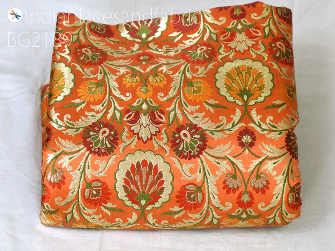 Indian Orange Brocade Fabric by the Yard Banarasi Dress - Etsy