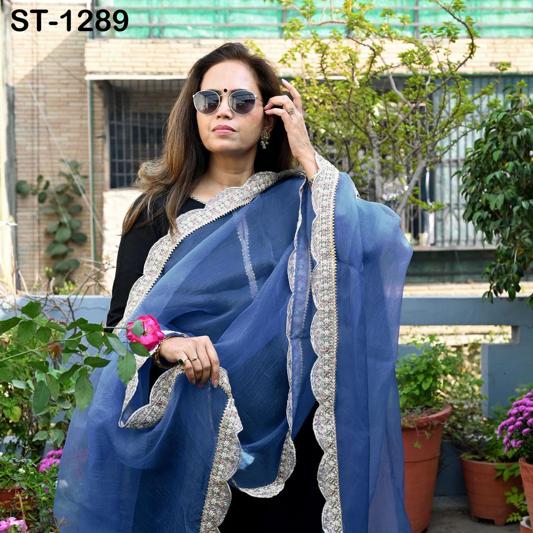 Blue Hand Embroidery Silk Organza Dupatta Light Weight Indian Bridal ...