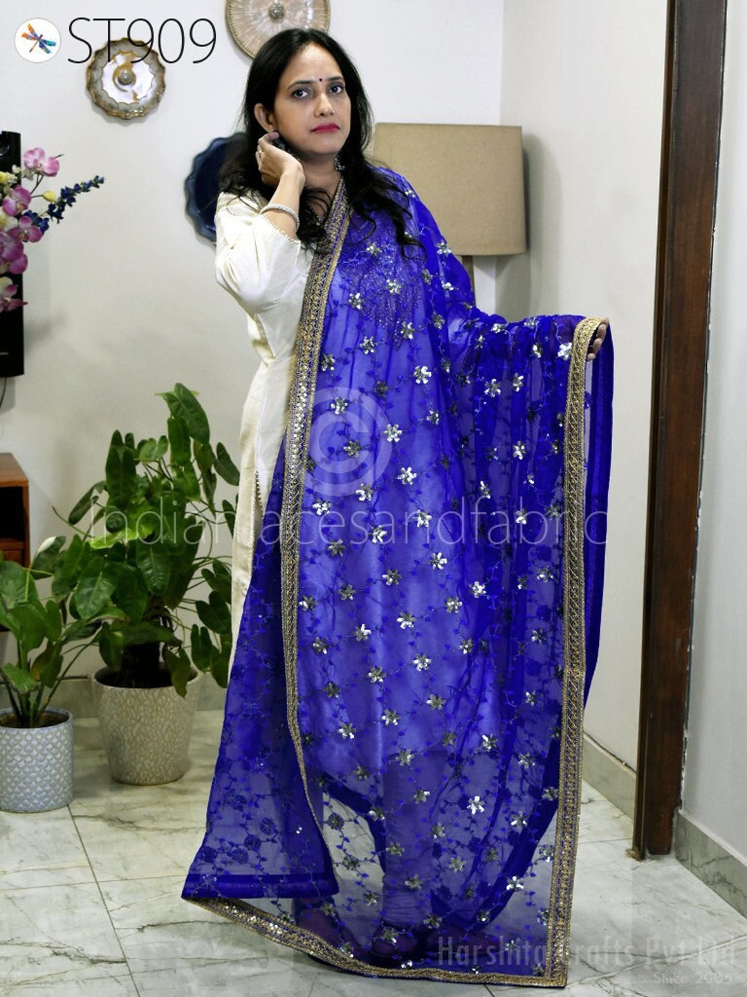 Blue Net Women Dupatta, Embroidered Indian Wedding Long Chuni | Bridal ...