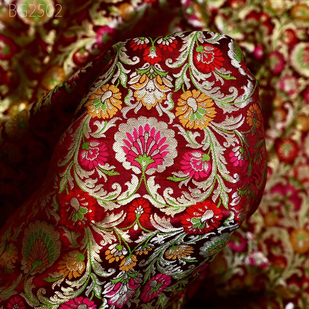 Maroon Indian Brocade Silk Fabric by the Yard Wedding Dresses Jacket ...
